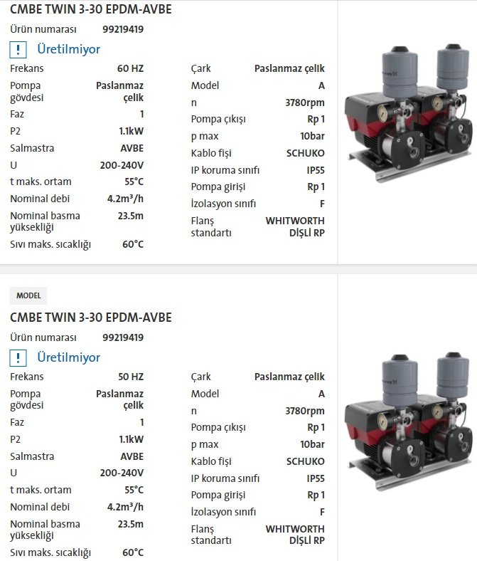 GRUNDFOS CMBE Twin 3-30 1.1kW 220V PASLANMAZ ÇELİK İKİZ GÖVDELİ FREKANS ...