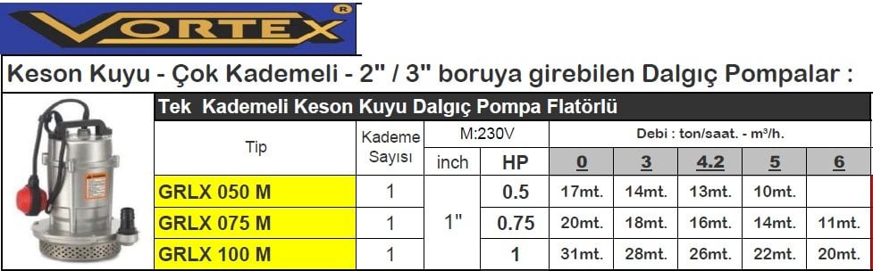 VORTEX GRLX 100 M -1 HP-220V- KESON KUYU DALGIÇ POMPA - 7.560,00 TL ...